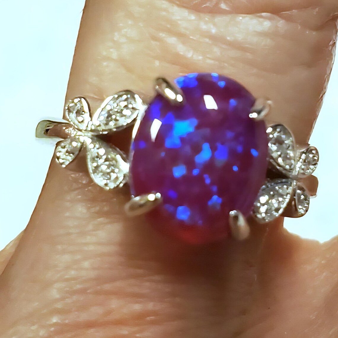 Magenta Opal Butterfly Ring, See Video! Blue Flash Lab Created Opal ...