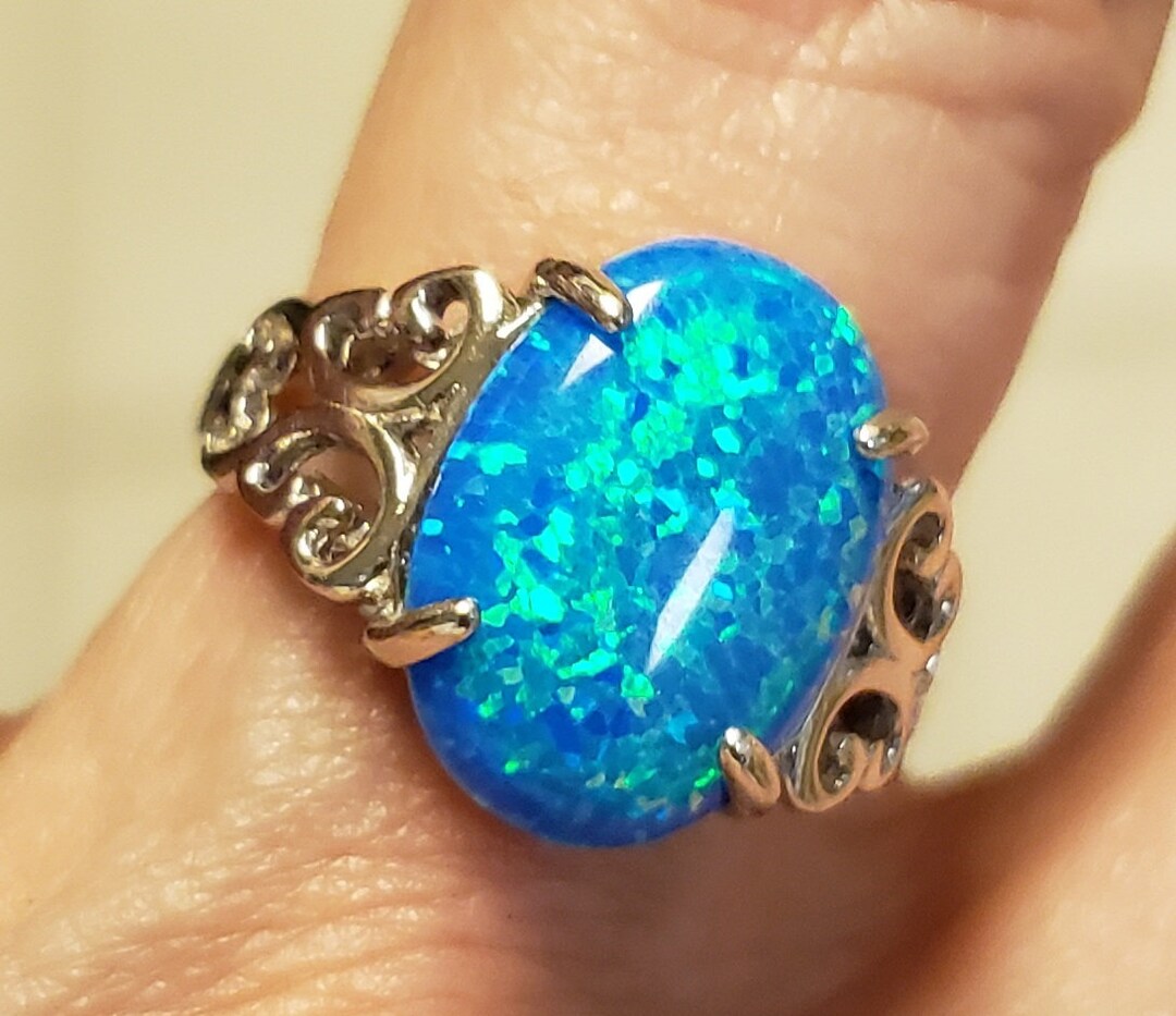Blue Opal Ring, Must See Shimmer in Video!, 10x14mm Lab Created Opal ...
