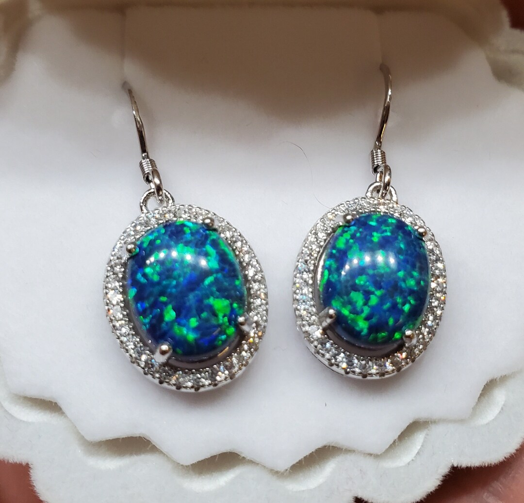 Peacock Blue-green Opal Earrings, See Video! 8x10mm Lab Created Opals, 925 Sterling CZ Halos ...