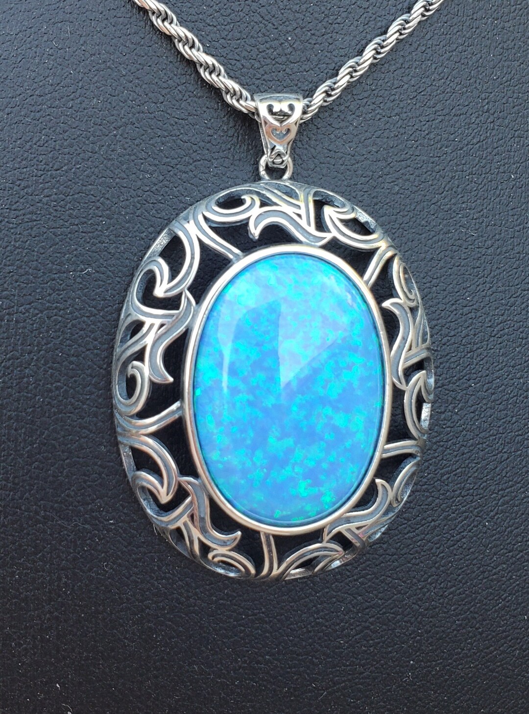 Huge Sky Blue Opal Vintage Style Necklace, See Video! Large 18x25mm Lab ...