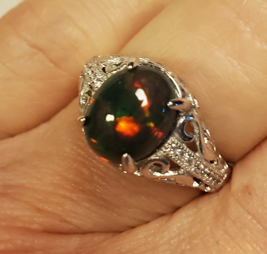Real Black Opal Vintage Style Ring, See Video for Cherry Fire! 8x10mm ...