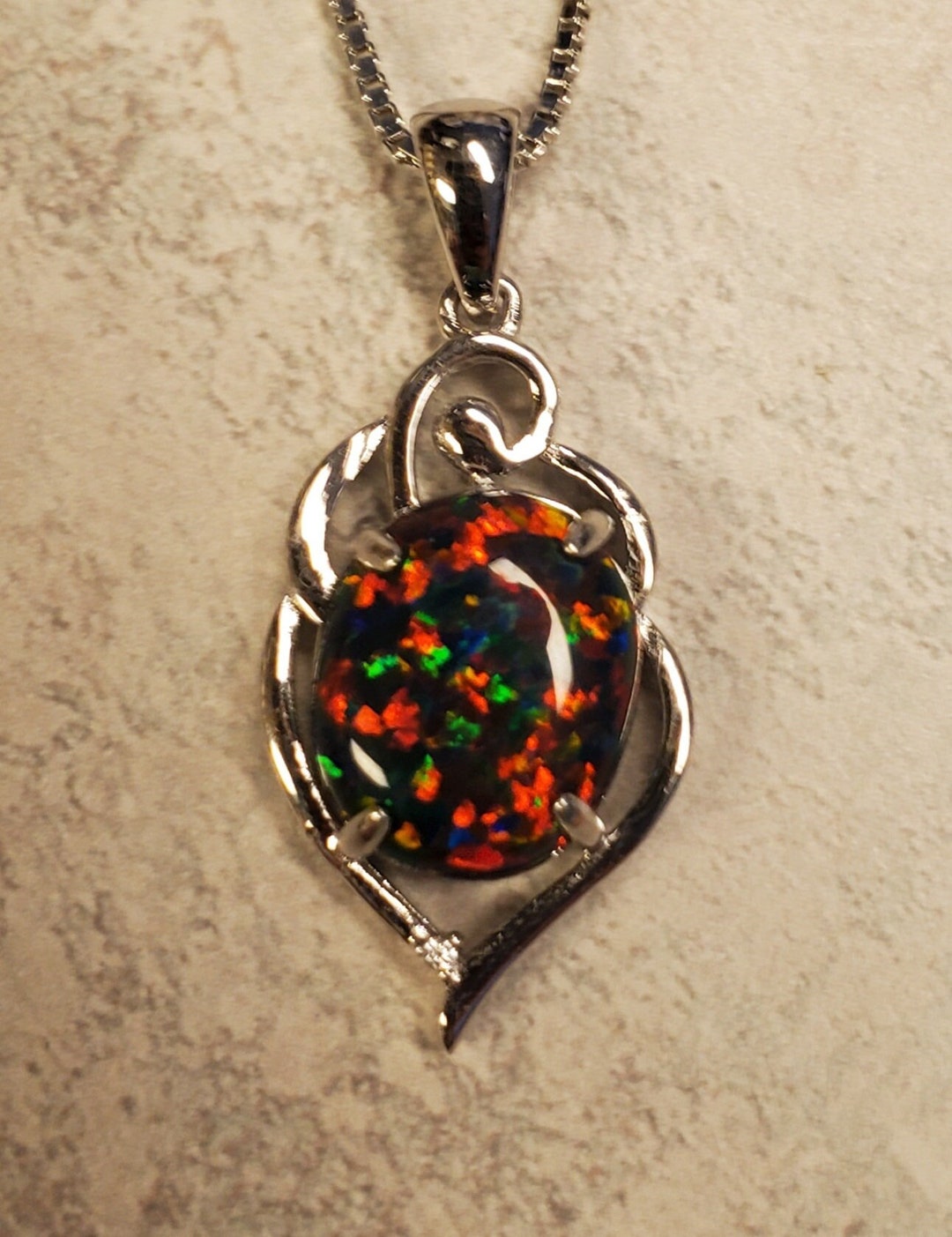 Black Fire Opal Necklace, See Multicolored Fire on Video 10x12mm Lab ...