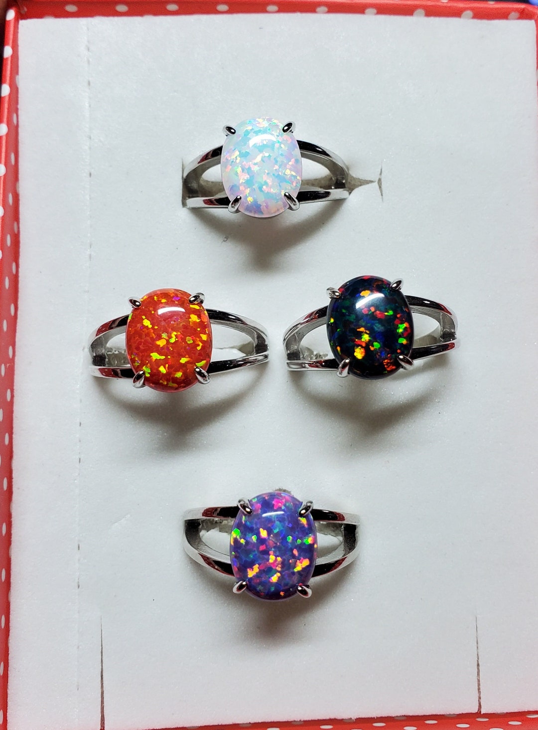 Opal Ring Choice of Colors, 9x11mm Lab Created Opals, White, Orange, Black, Purple 925 Sterling ...