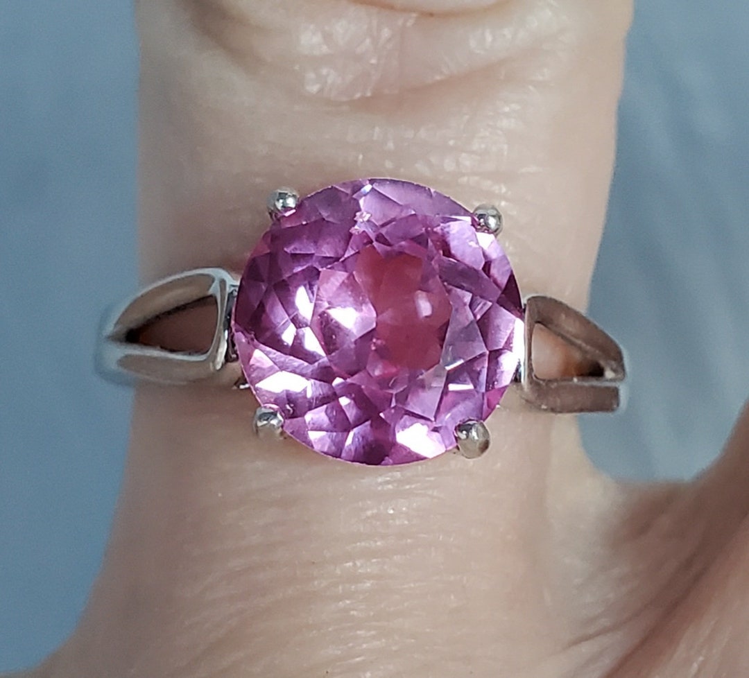 Rose Pink Gem Ring, See Sparkle on Video 9mm Round Lab Grown Gem, 925 ...