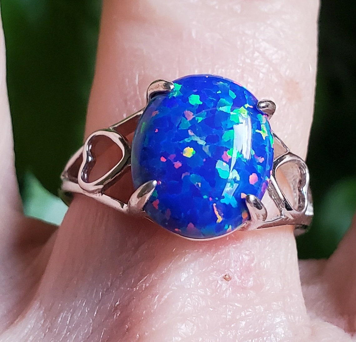 Starry Night Blue Opal Ring, See Pretty Fire on Video! Big 10x12mm Lab ...