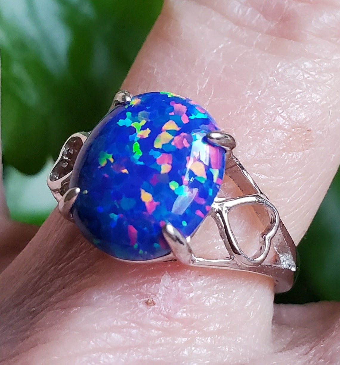 Starry Night Blue Opal Ring, See Pretty Fire on Video! Big 11x9mm Lab ...