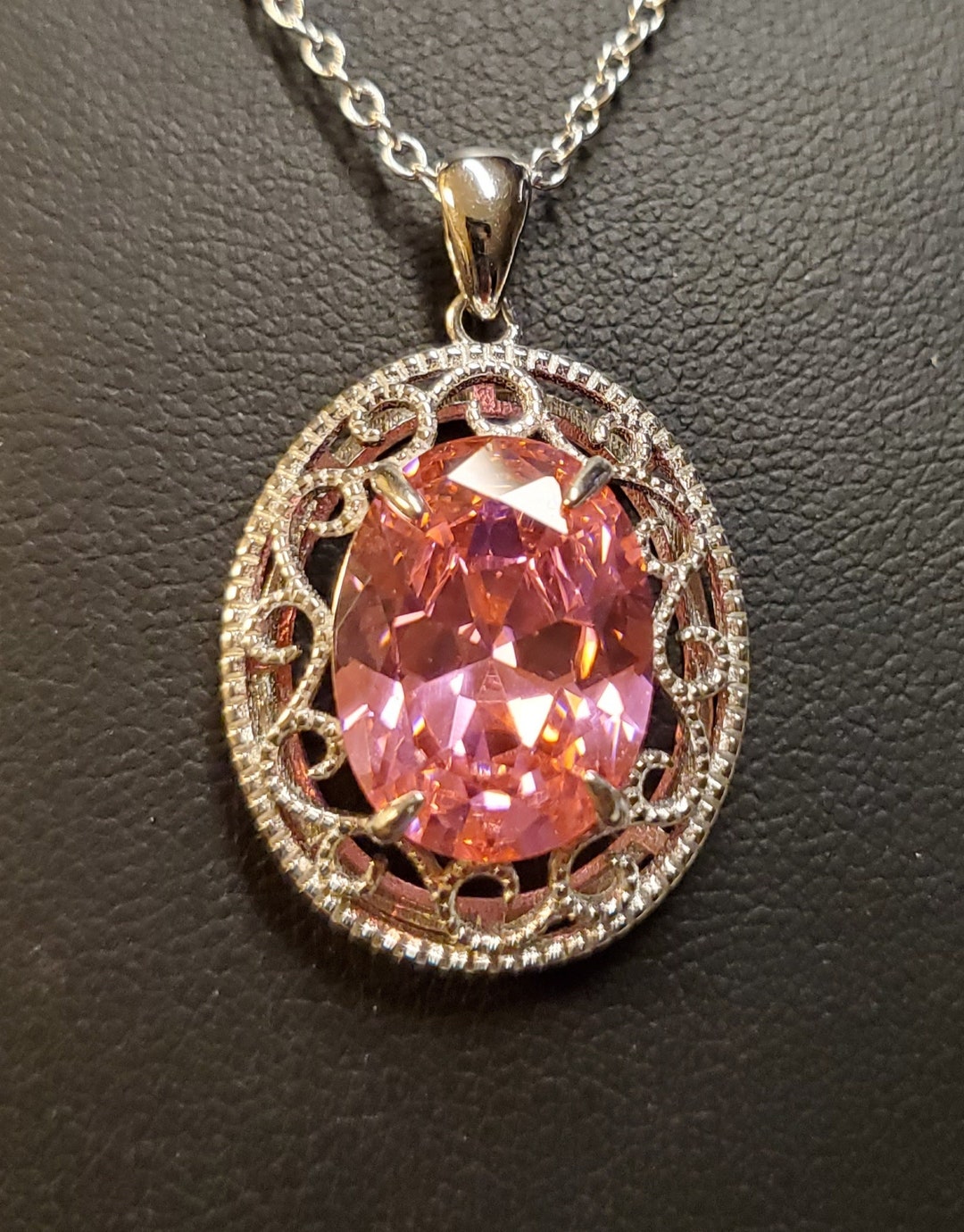 Large Pink Rococo Filigree Necklace, See Sparkle on Video! 12x16mm ...