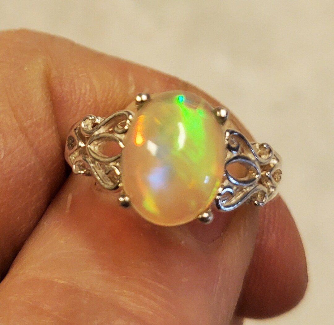 Natural Fire Opal Silver Filigree Ring, See Colorful Fire on Video! 8x10mm Ethiopian Opal, 925 ...