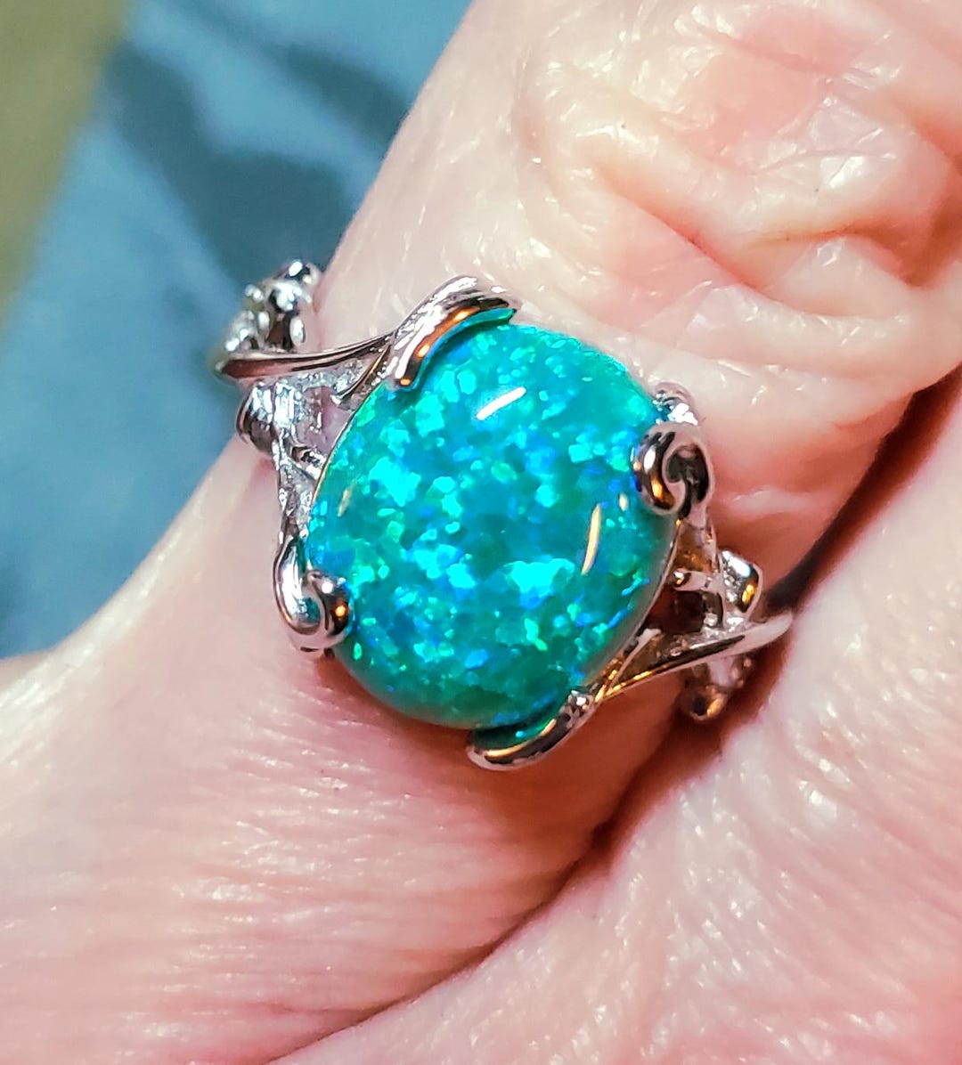 Green Opal Ring, See Video Stunning Blue-green Lab Created Opal 10x12mm ...