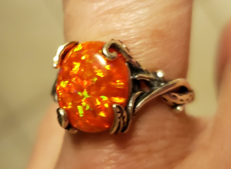 Orange Fire Opal Ring, See Video! Vine & Leaf Ring, Firey 10x12mm Lab ...
