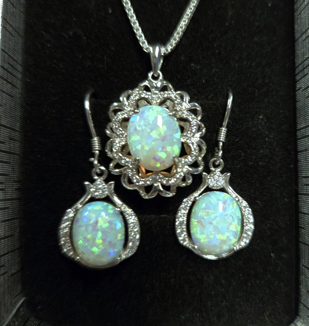 White-pale Green Opal Set, Necklace/earrings,8x10mm Lab Created Opals,see Video! 925 Sterling CZ ...