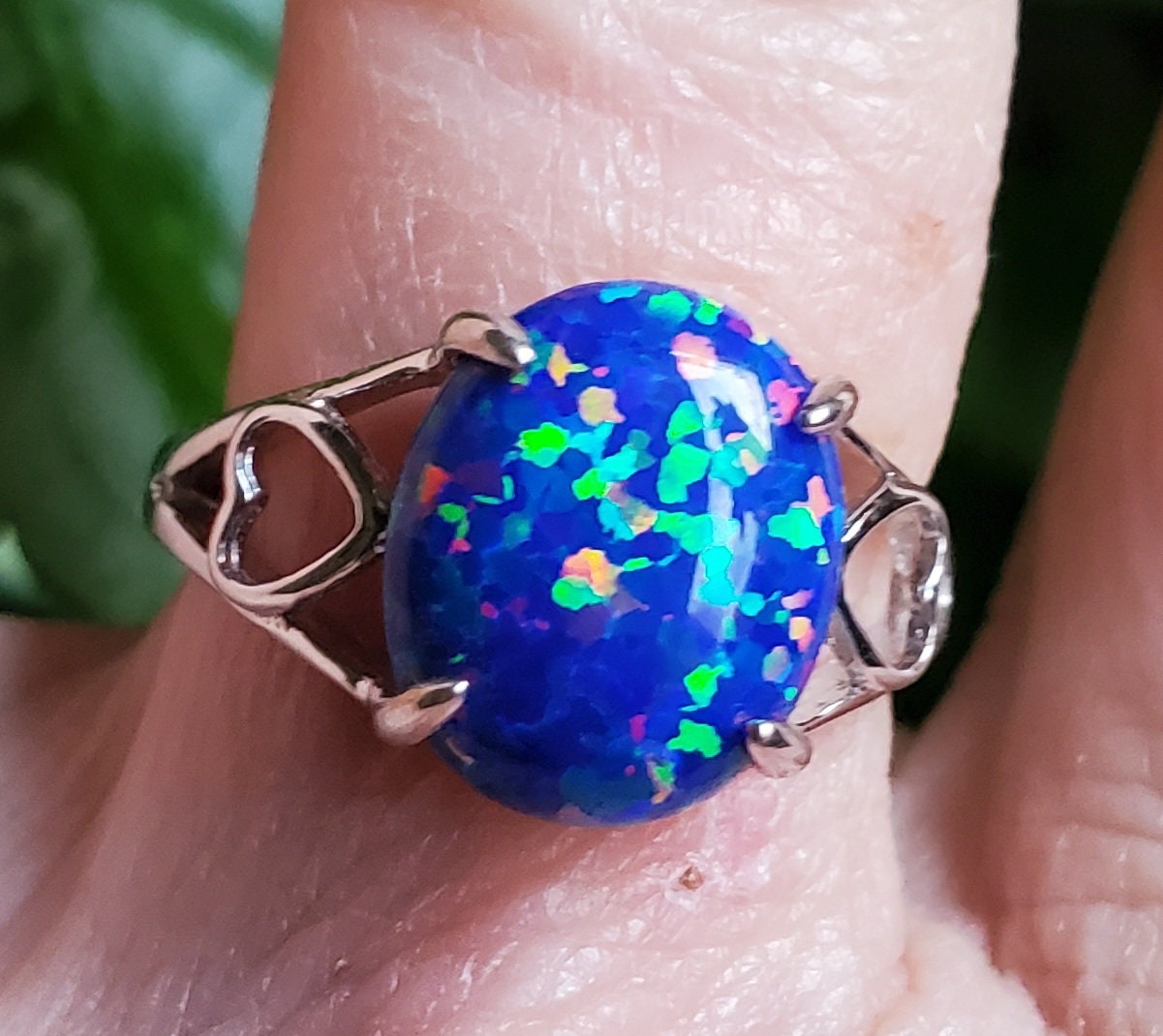 Starry Night Blue Opal Ring, See Pretty Fire on Video! Big 10x12mm Lab ...