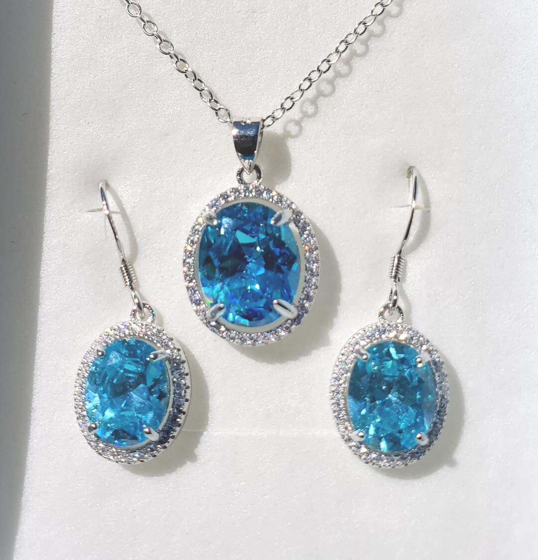 Caribbean Blue Halo Necklace/earring Set, See Video! 10x12/8x10mm Lab ...