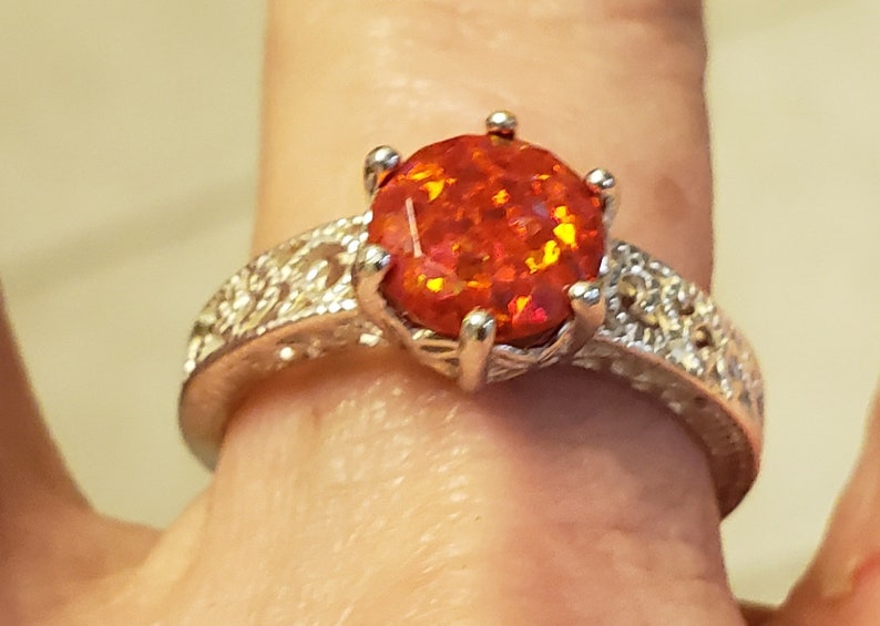 Red Round Fire Opal Ring See Video Bright Red Lab Opal Full | Etsy