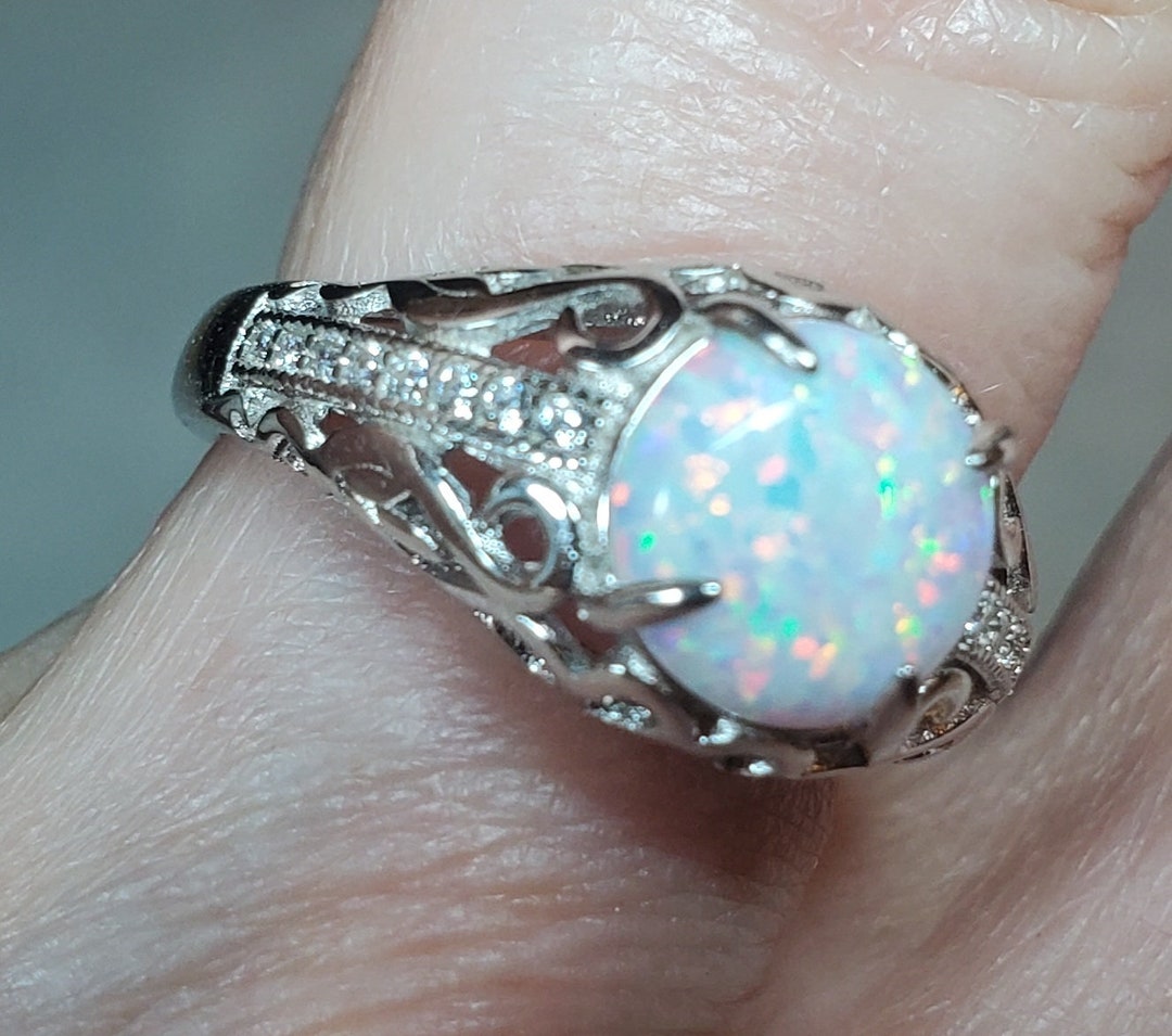 White Fire Opal Vintage Style Ring See Video 8mm Lab Created - Etsy