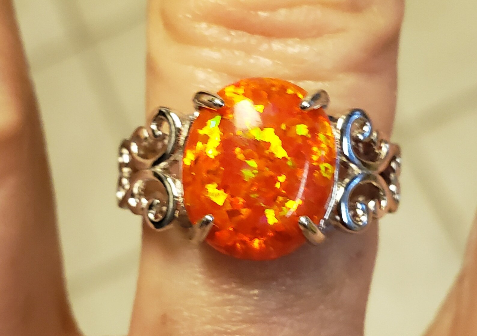 Orange Fire Opal Ring See Video. Big Firey Lab Created Opal - Etsy