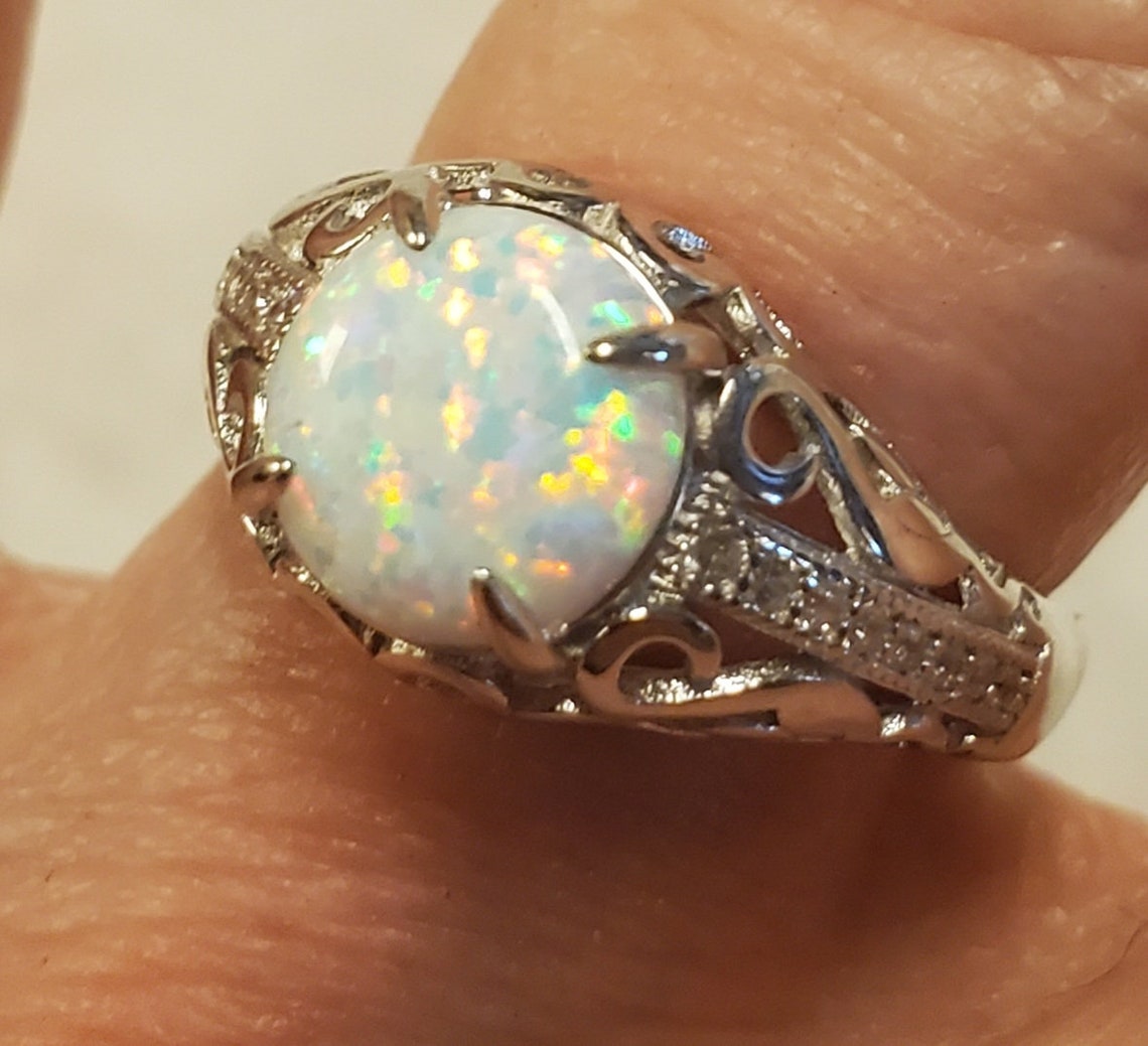White Fire Opal Vintage Style Ring See Video 8mm Lab Created - Etsy