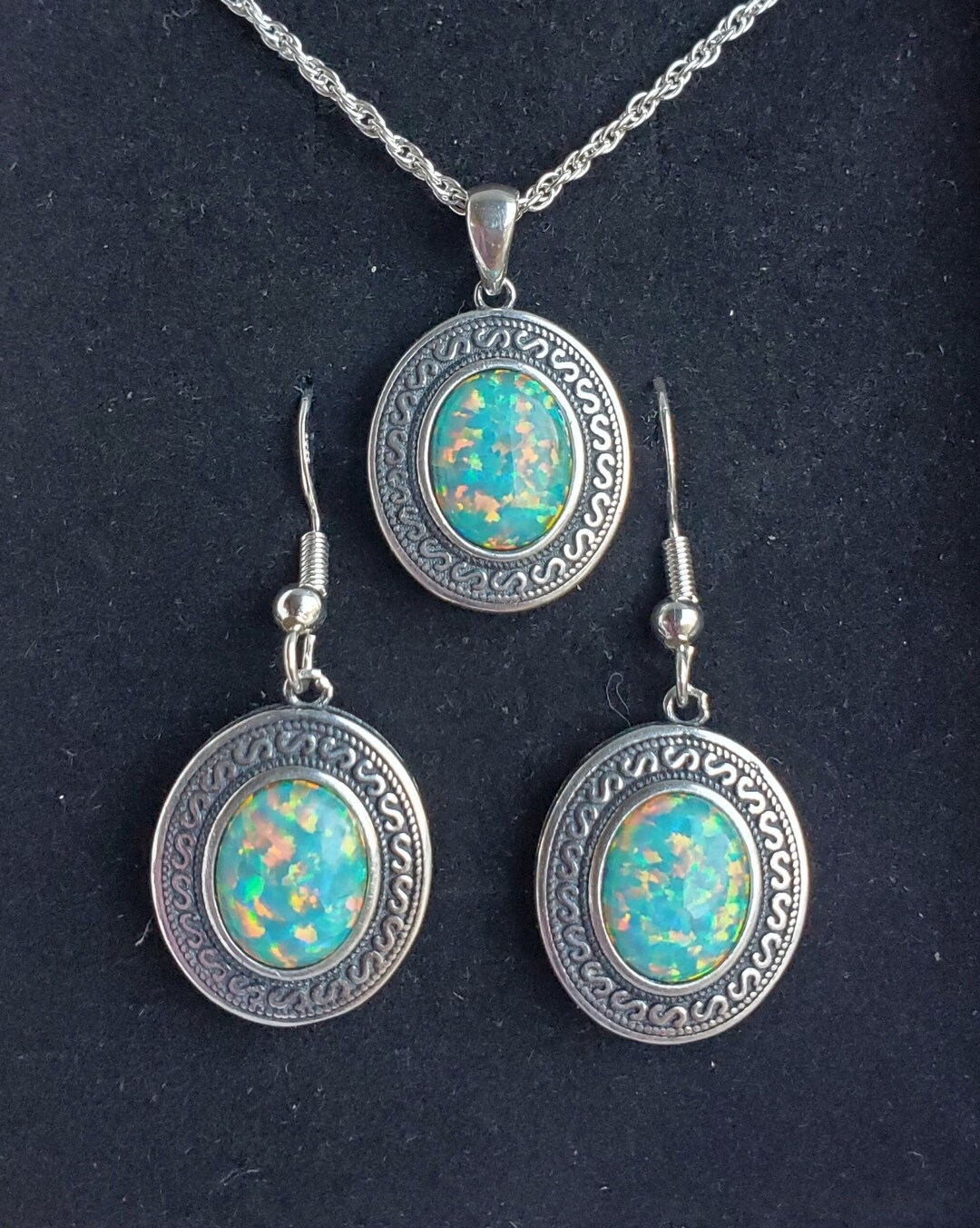 Light Teal Opal Vintage Style Necklace/earrings,see Video! 8x10mm Lab Created Opals, Sterling ...