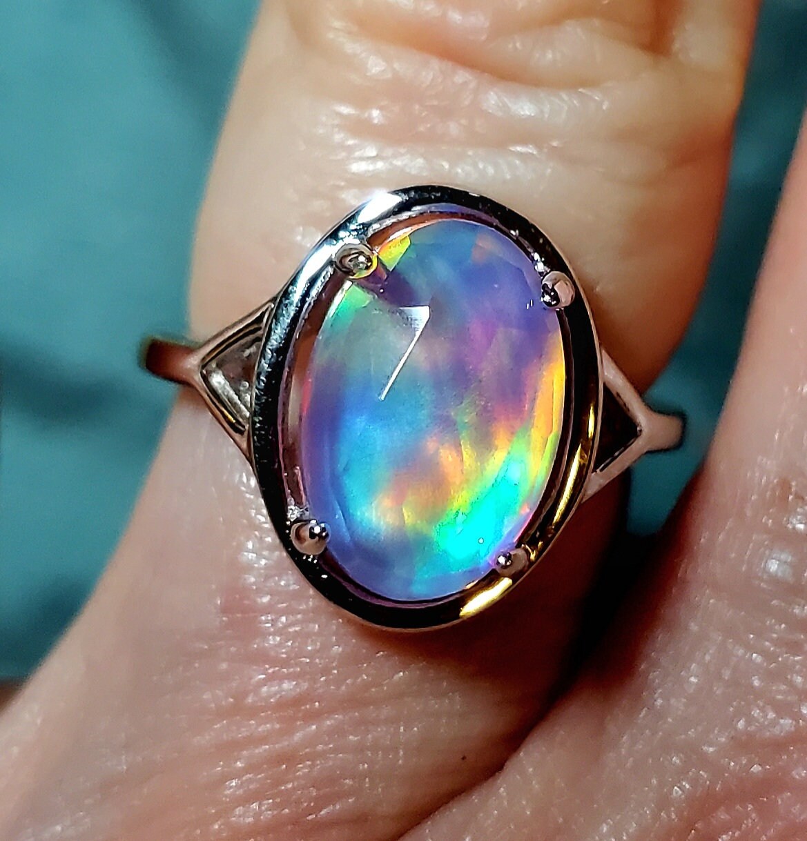 Aurora Opal Ring, See Rainbow on Video! 8x12mm Synthetic Rose Cut Opal ...
