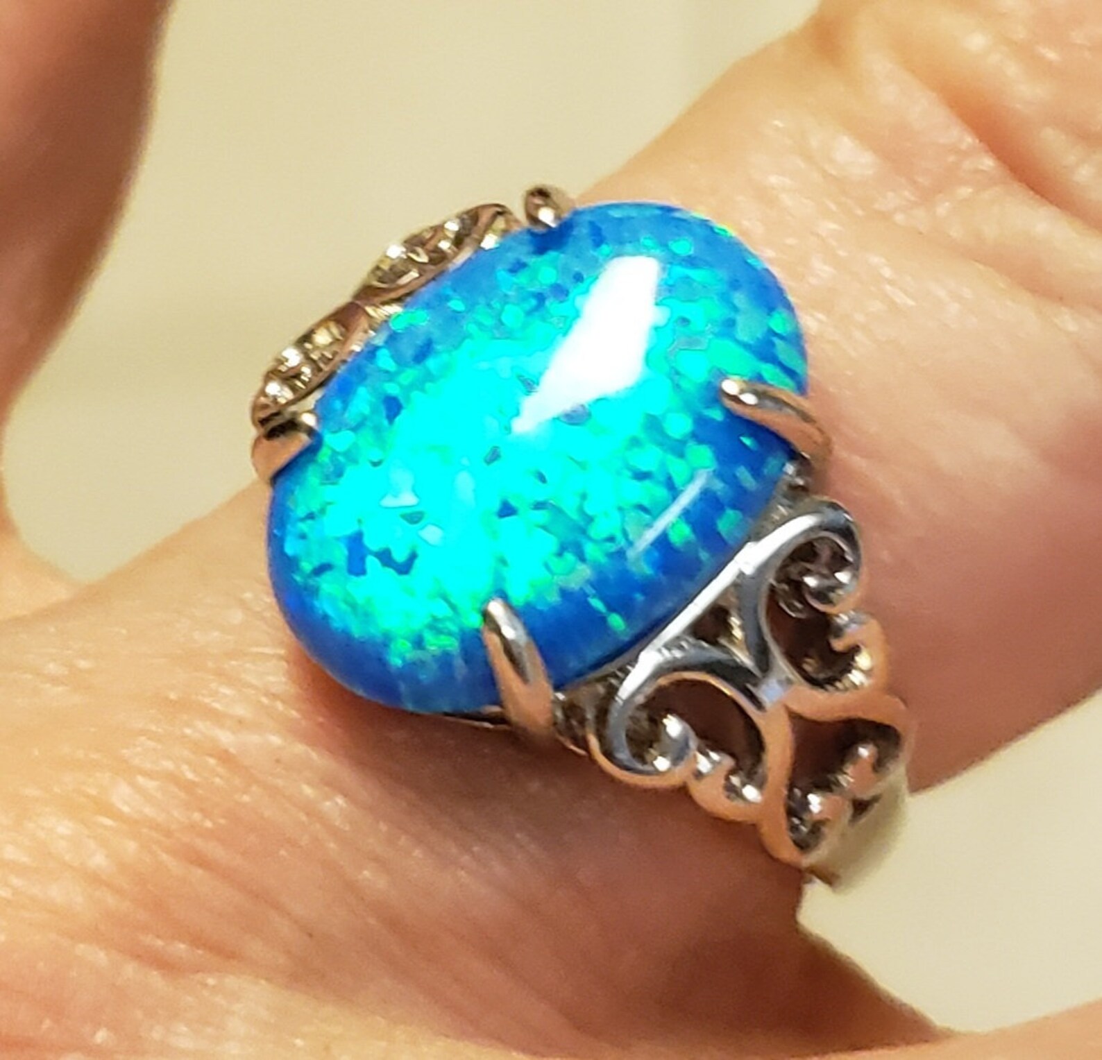 Blue Opal Ring Must See Shimmer in Video 10x14mm Lab - Etsy