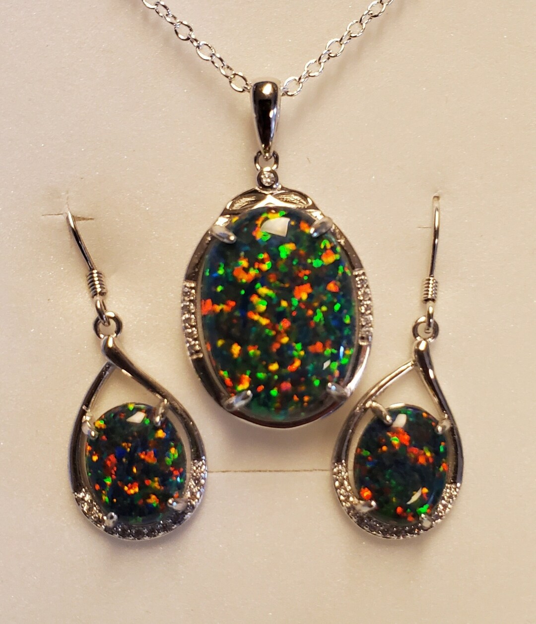 Black Opal Set Necklace/earring, See Video 13x18mm Lab Created Opals,8x10mm Earrings. 925 ...