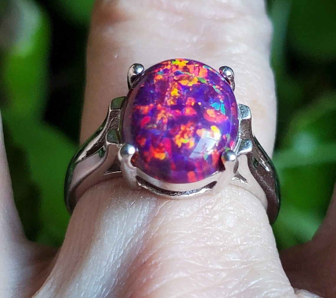 Purple Fire Opal Statement Ring, See Colorful Fire on Video! Big ...