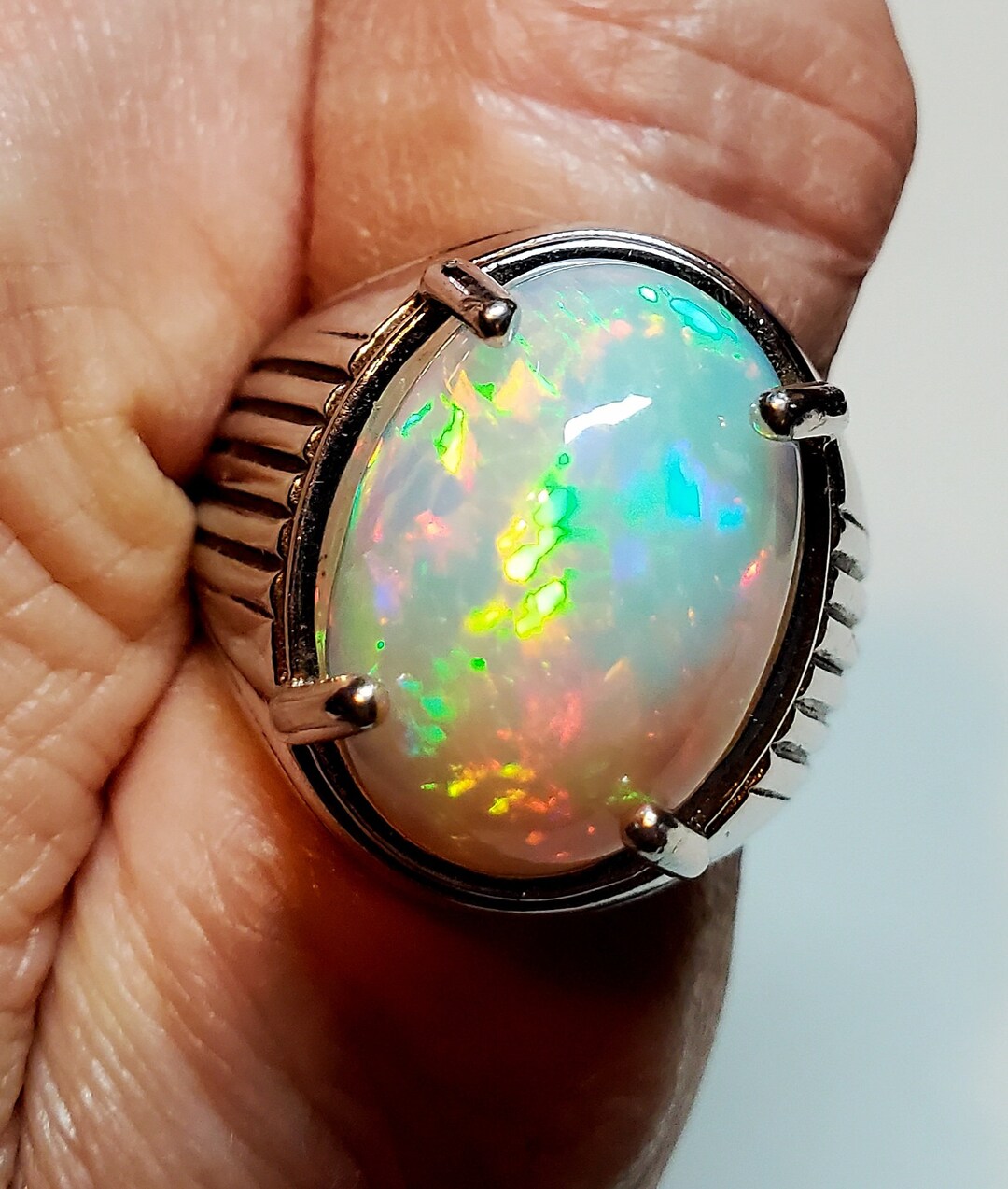 Huge Fire Opal Silver Ring, See Video 13x18mm 8 Carat Ethiopian Opal, Heavy 925 Sterling Silver ...