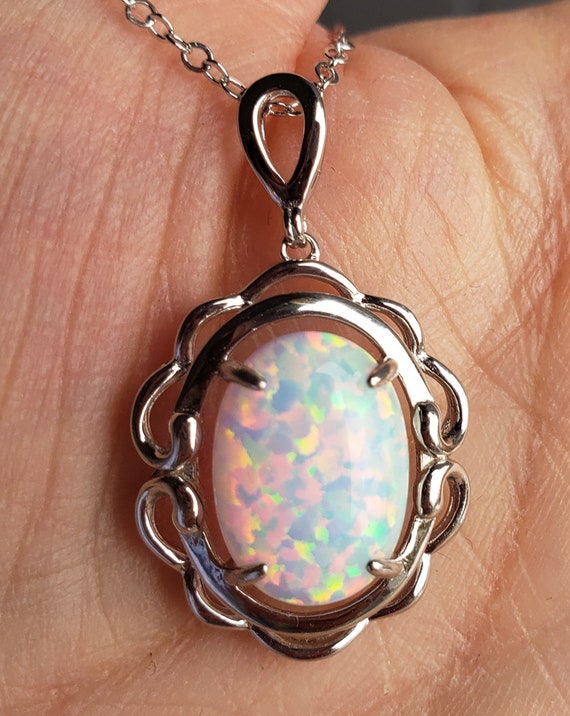 White Fire Opal Necklace See Video 10x14mm Lab Created Opal Full of Fire. 925 Sterling Silver Necklace. Gift Box Included Etsy