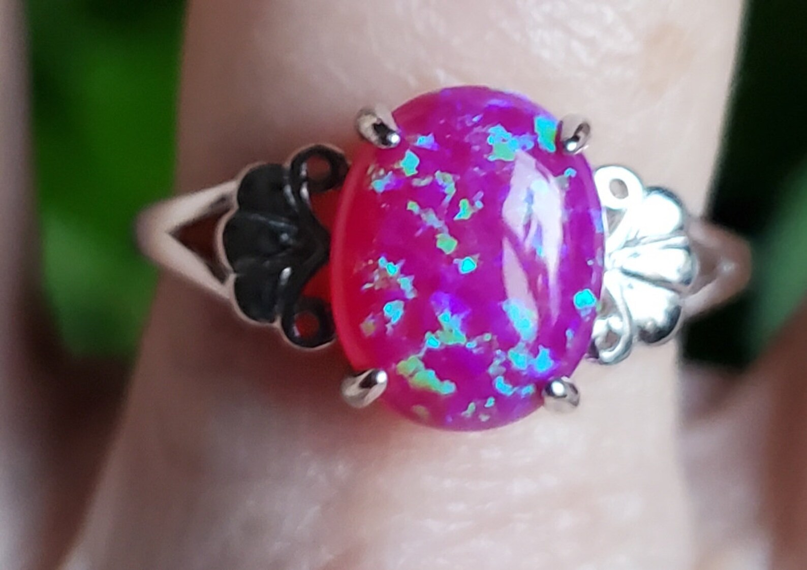 Magenta Purple Blue Flash Opal Ring, See Video! 8x10mm Lab Created Opal ...