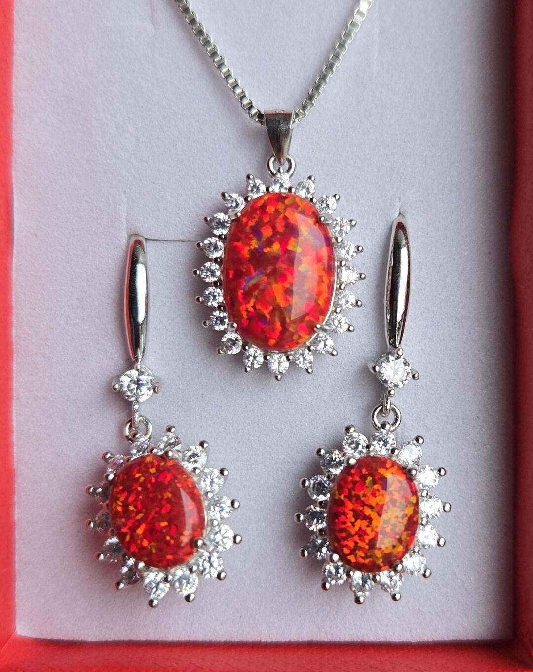 Firey Red Opal Halo Set, 10x14/8x10mm Lab Created Opals,see Video! 925 ...