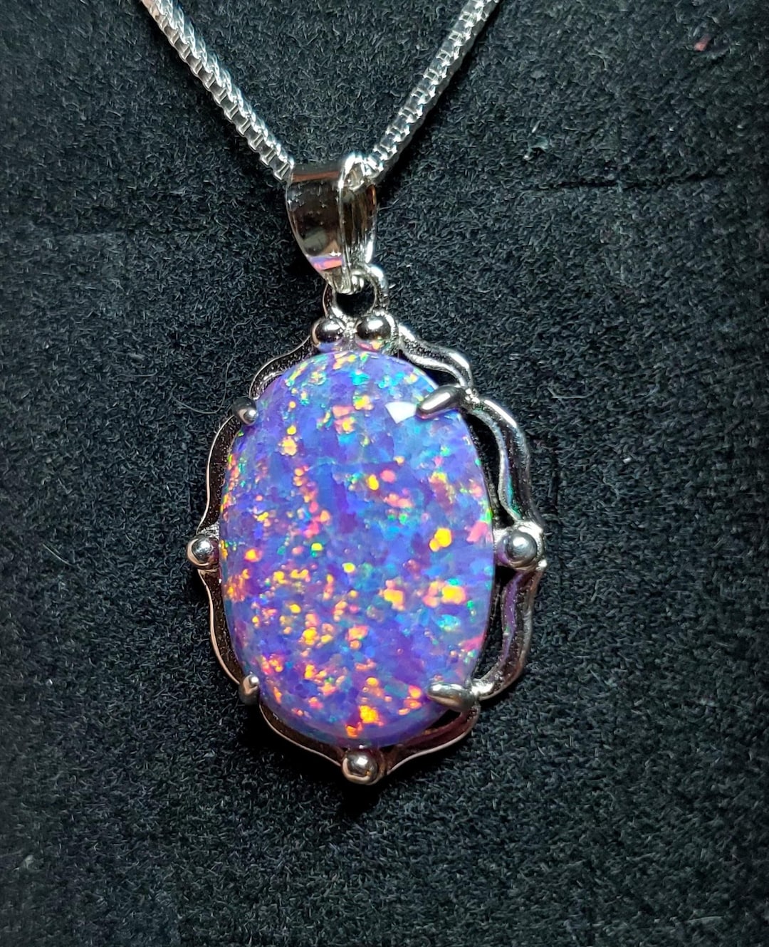 Lavender Purple Opal Necklace, See Colorful Fire on Video! 13x18mm Lab ...