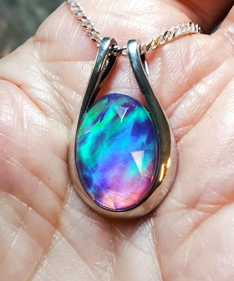 Aurora Opal Silver Necklace, See Example of Rainbow Flash on Video ...