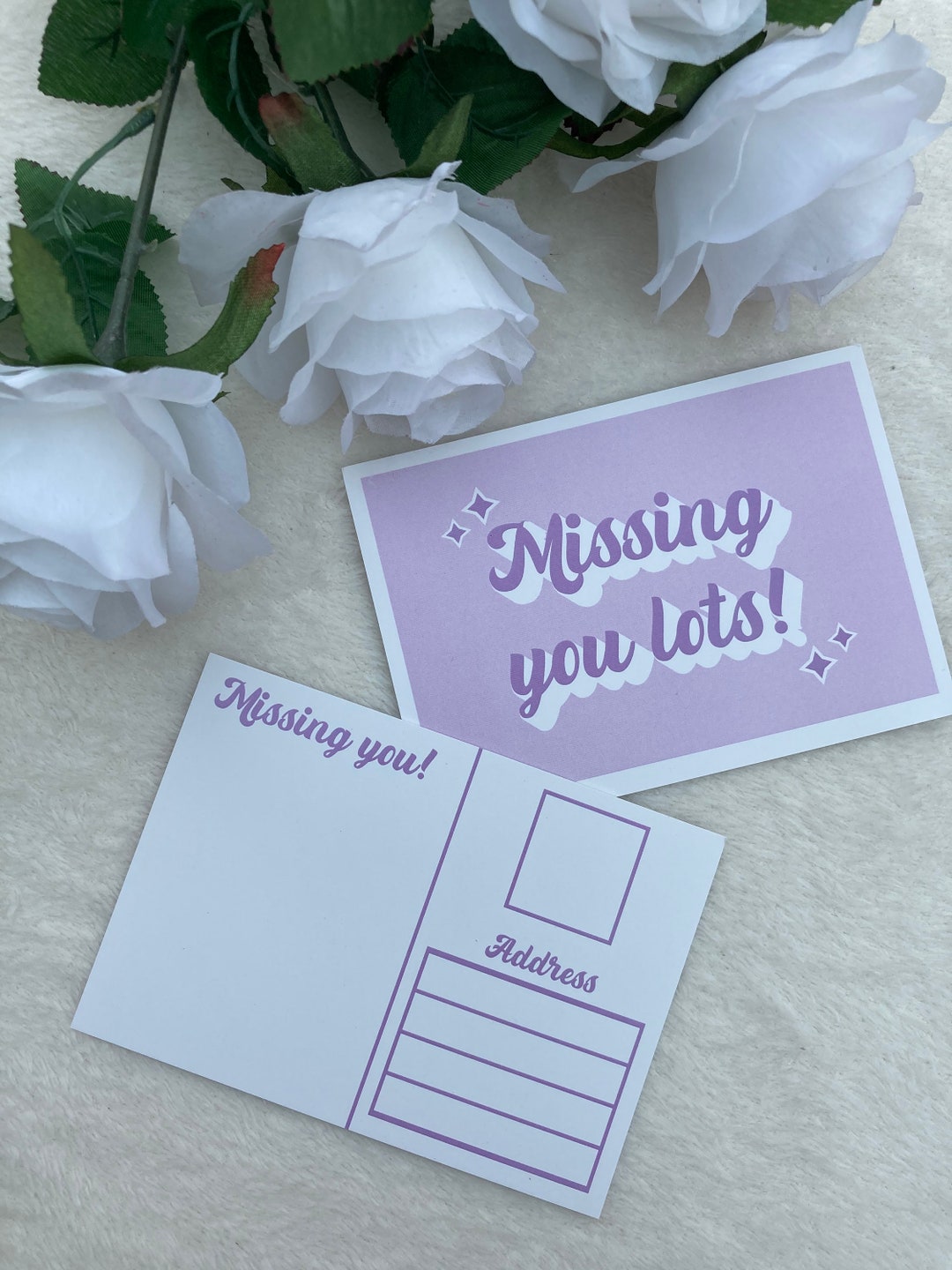 Purple 'Missing you lots A6 postcard', retro style postcard, graphic postcard, thinking of you ...