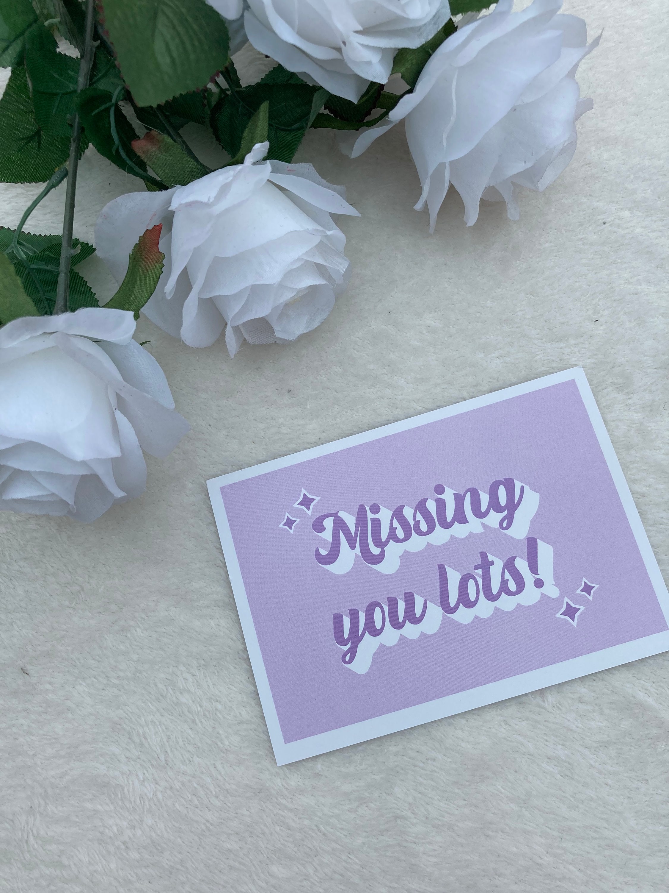 Purple 'Missing you lots A6 postcard', retro style postcard, graphic ...