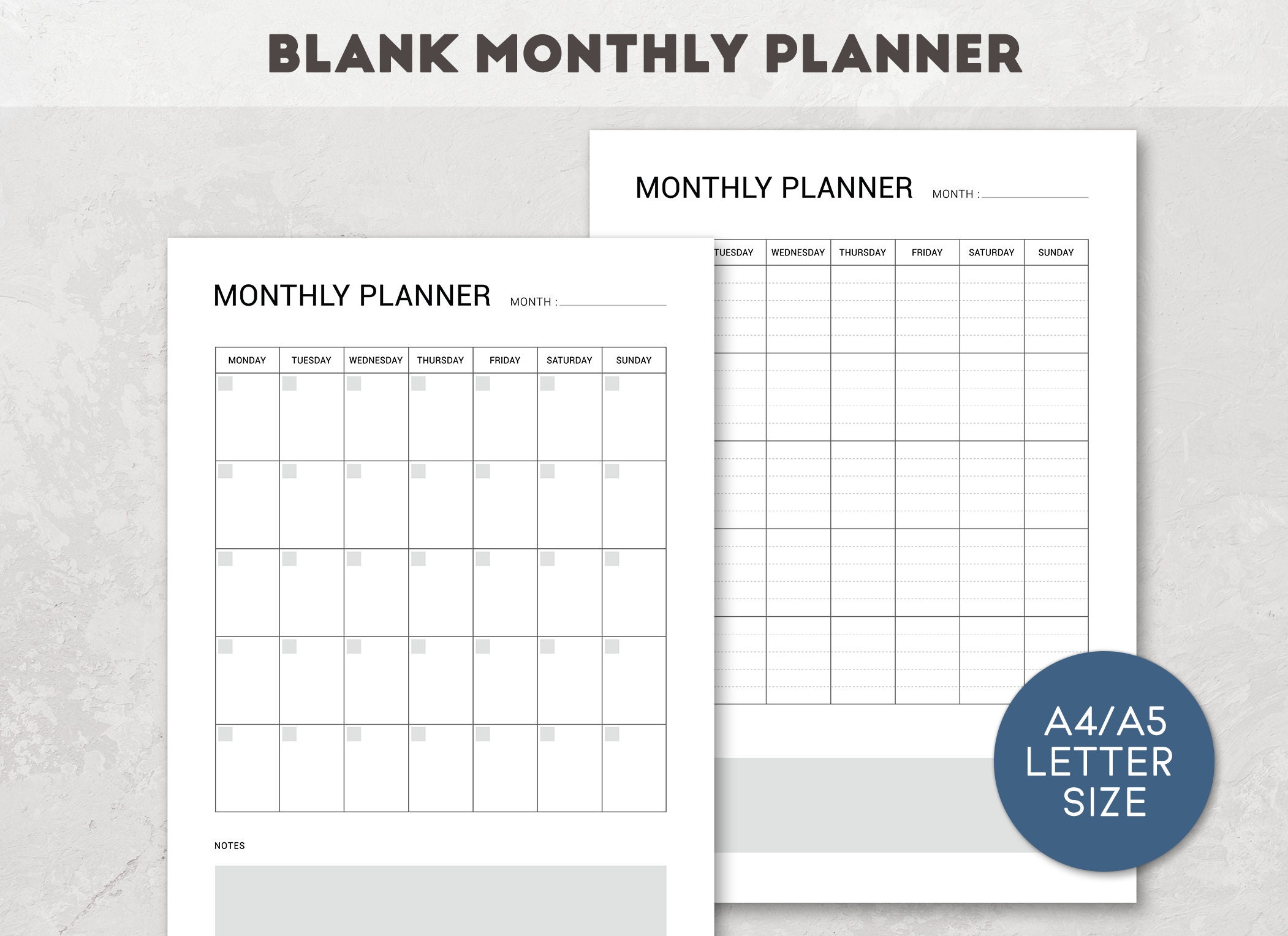 Monthly Blank Planner Printable, Two Pages Blank Monthly Calendar ...