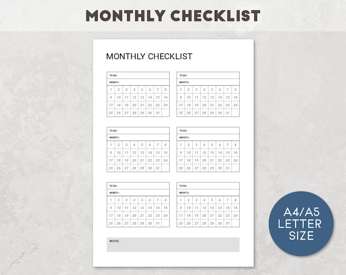 Monthly Checklist Printable Printable Checklist Simple - Etsy