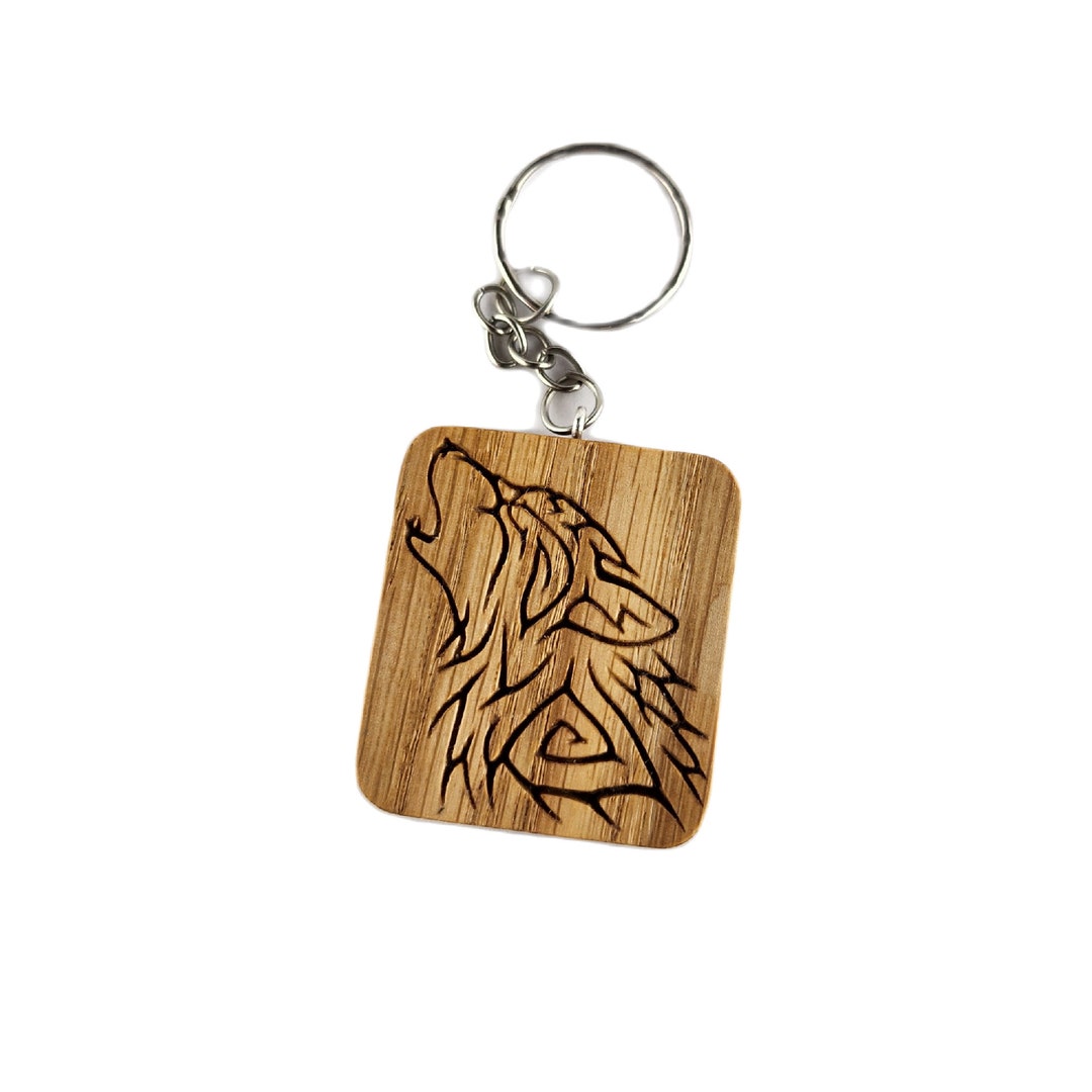 Tribal Wolf Keychain - Handmade Oak Wood Engraving - Fenrir Design - Etsy