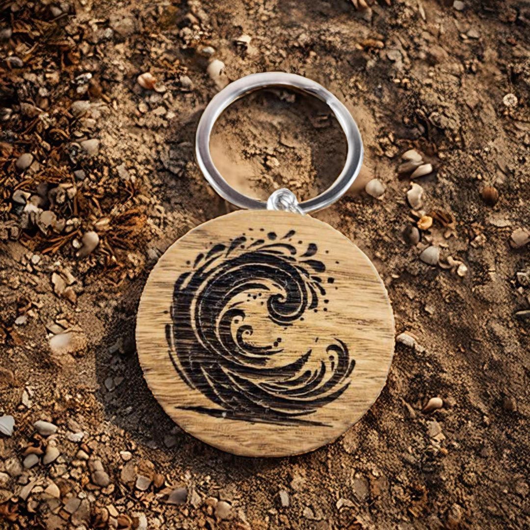 Engraved Ocean Wave Wooden Keychain – Water Splash Design, Handmade Oak ...