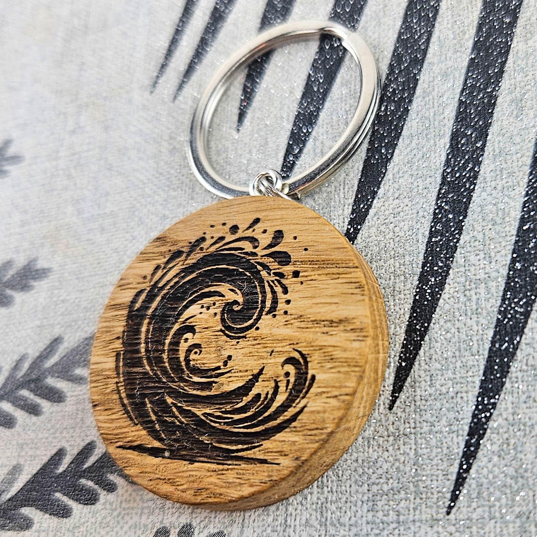 Engraved Ocean Wave Wooden Keychain – Water Splash Design, Handmade Oak ...