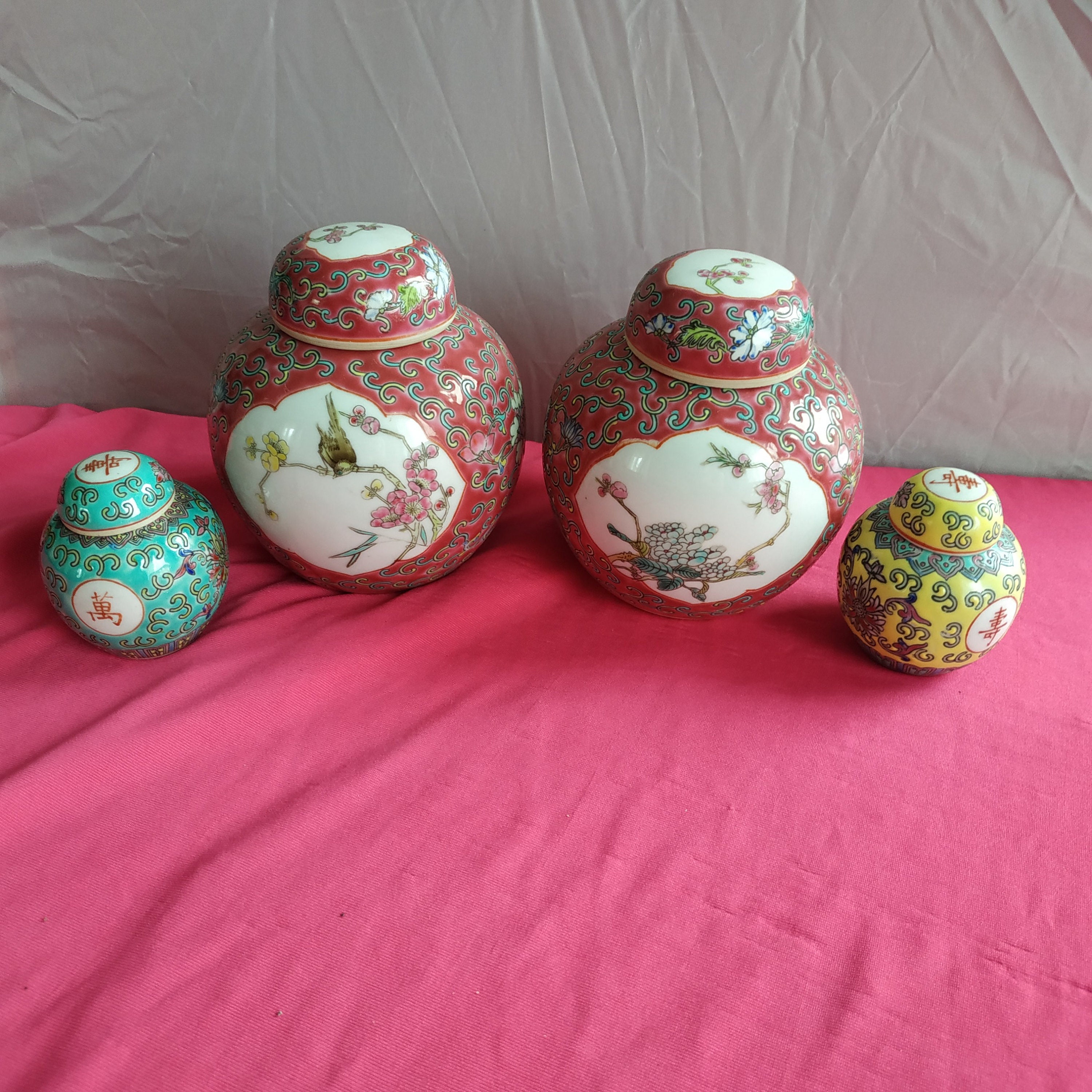 4 China Mun Shou Decor Vase Asian Hand Painted Vase Jar With Lid ...