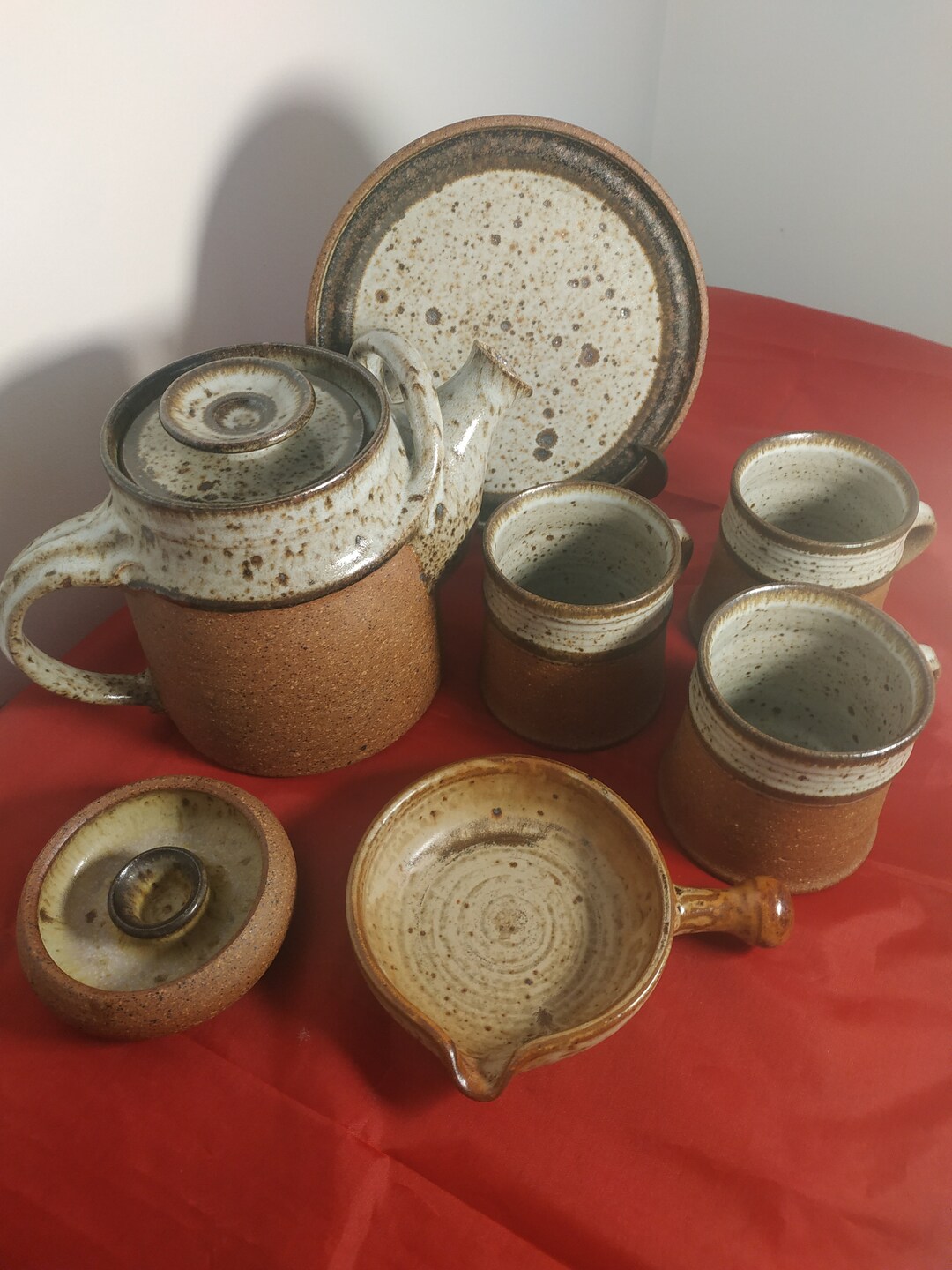 Tea Set.clay Set! Teapot Three Cups Three Plates Candlestick and Gravy ...