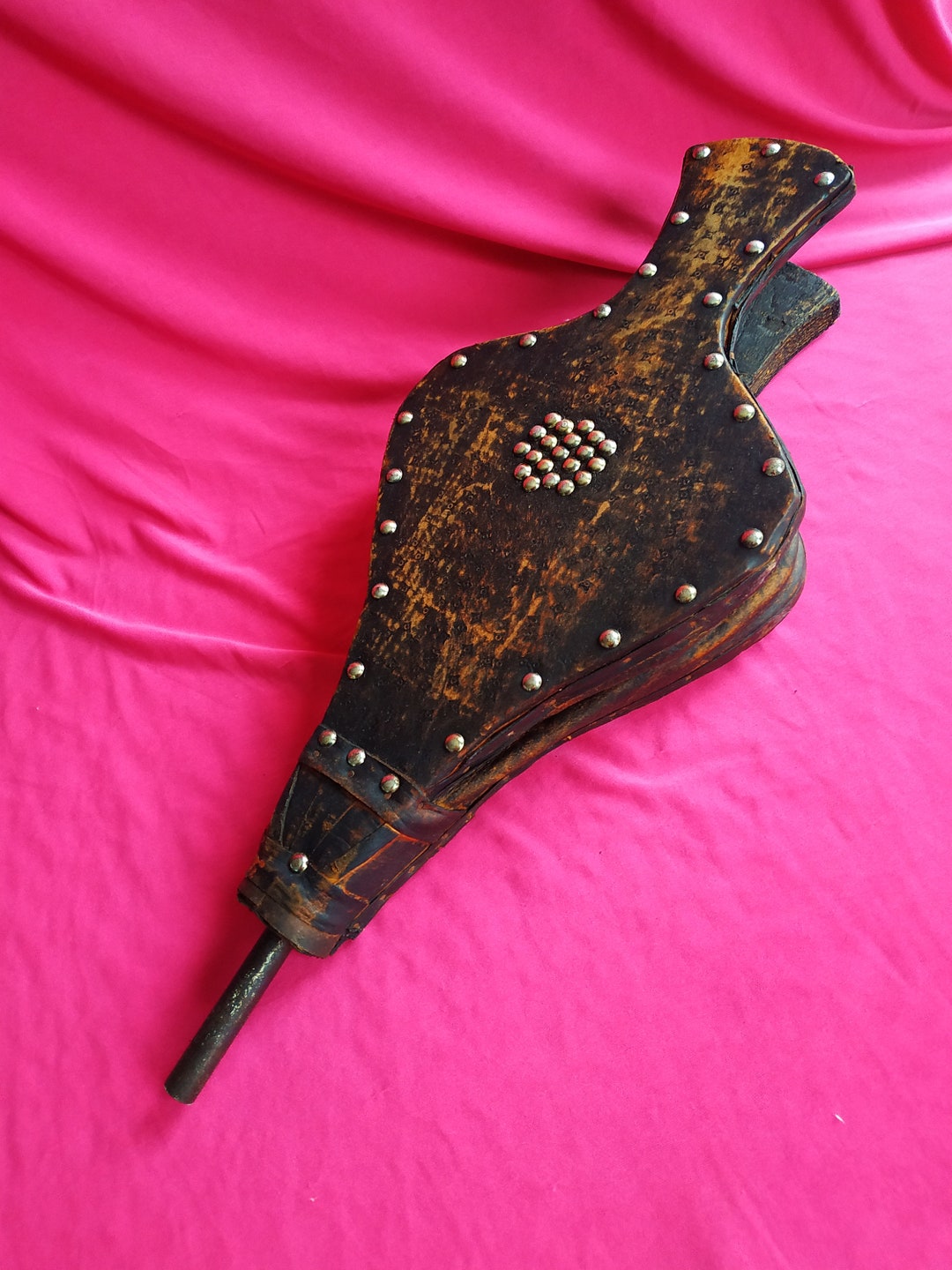 Primitive Wood Leather and Iron Fireside Antique Fireplace Wind Bellows ...