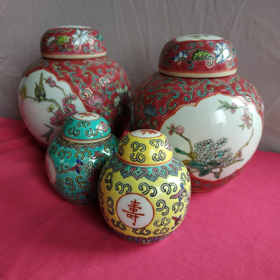 4 China Mun Shou Decor Vase Asian Hand Painted Vase Jar With Lid ...
