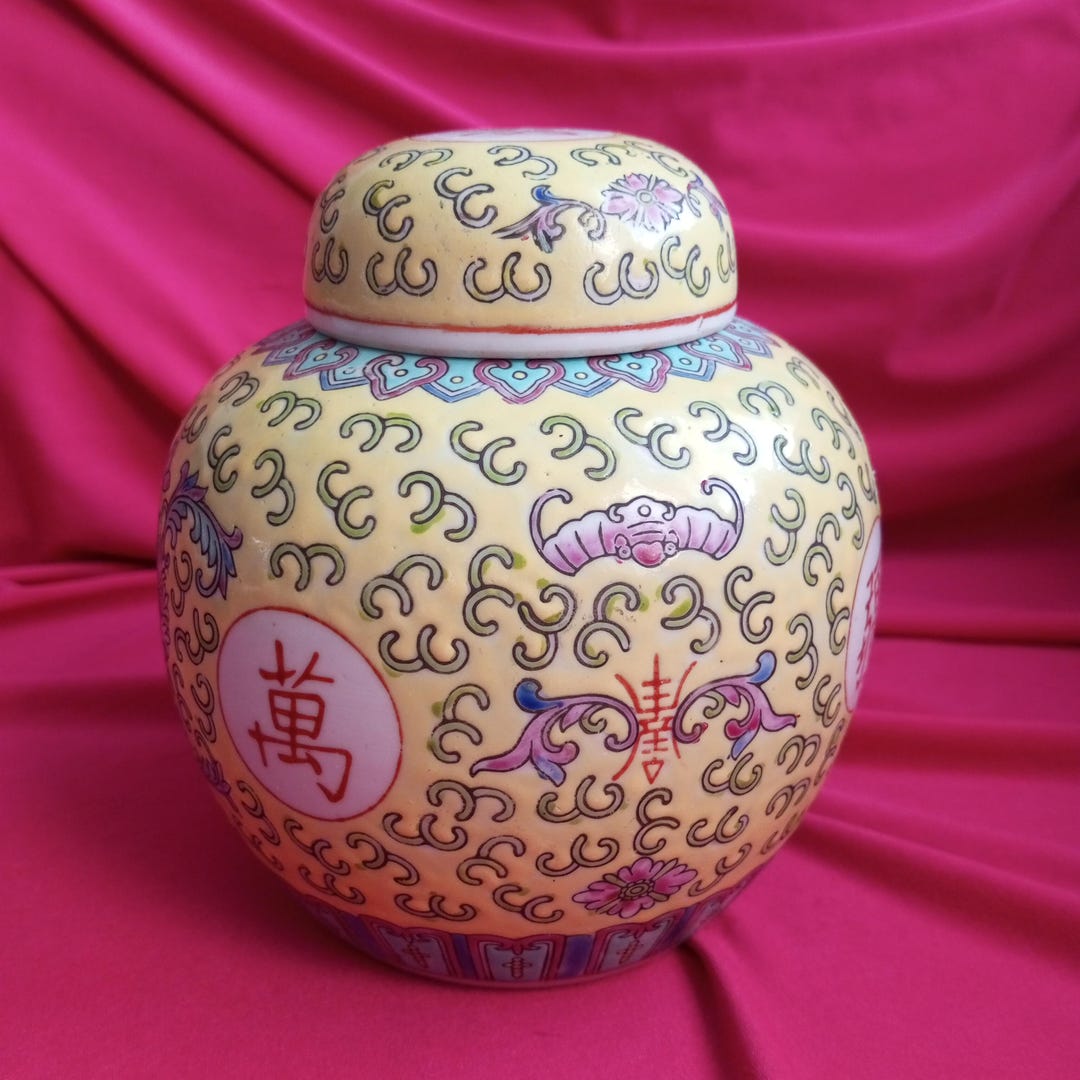China Mun Shou Decor Vase Asian Hand Painted Vase Jar With Lid Ceramic ...