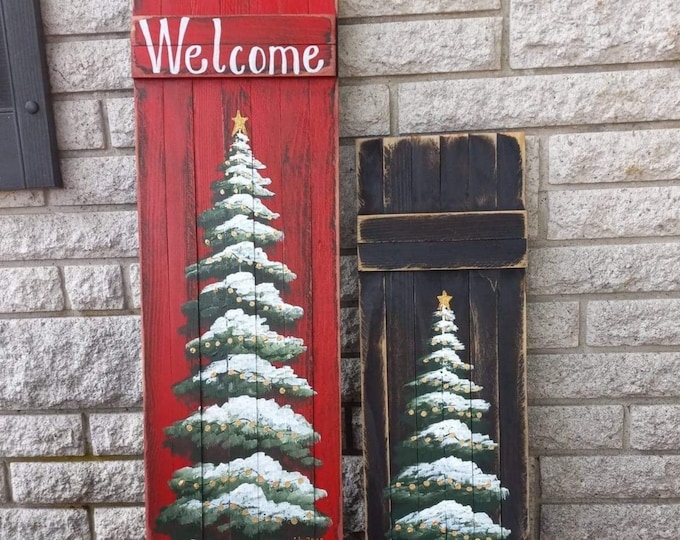 Christmas Tree Handpainted Distressed Wood Shutter Sign and Two Color ...