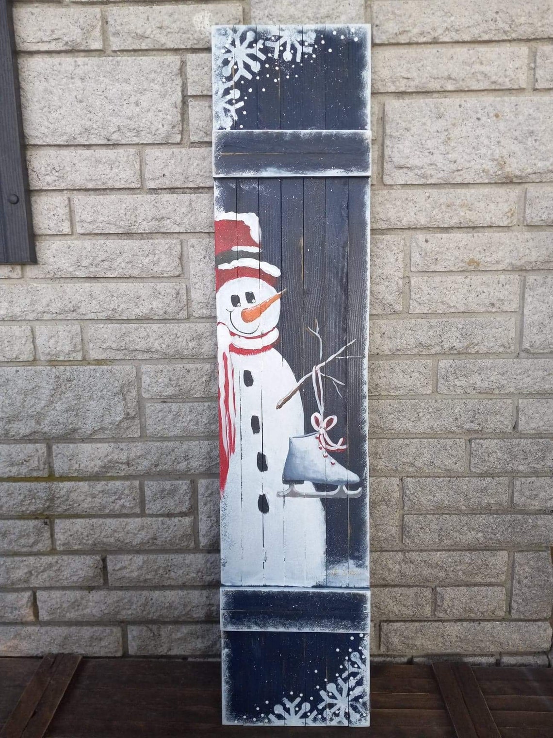 Snowman With Skate Handpainted Wood Shutter. Christmas and Winter ...