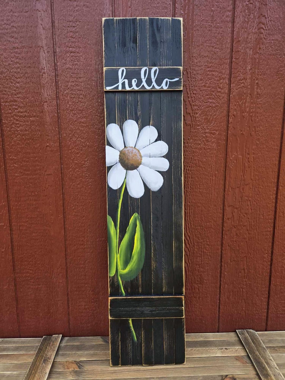 White Daisy on Black Handpainted Shutter Sign, Decorative Porch Leaner ...