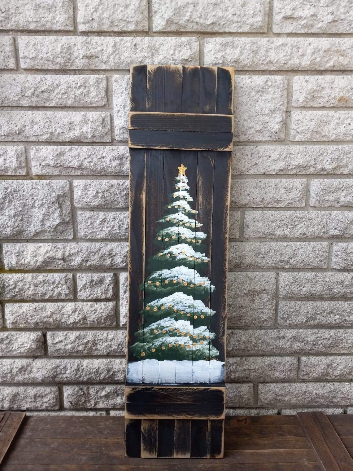 Christmas Tree Handpainted Distressed Wood Shutter Sign and Two Color ...