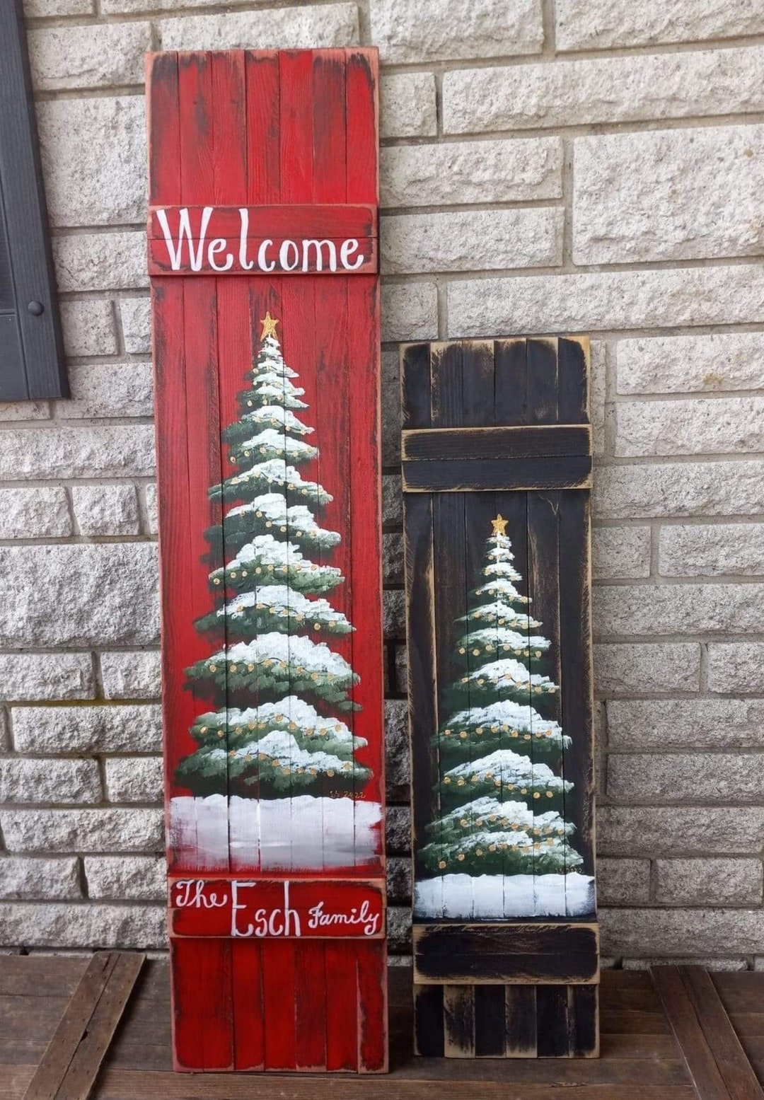 Christmas Tree Handpainted Distressed Wood Shutter Sign and Two Color ...