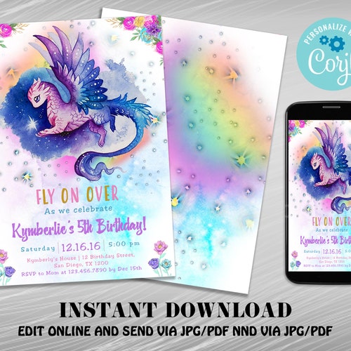 Printable Purple Dragon Invitation Girl Dragon Birthday Party - Etsy